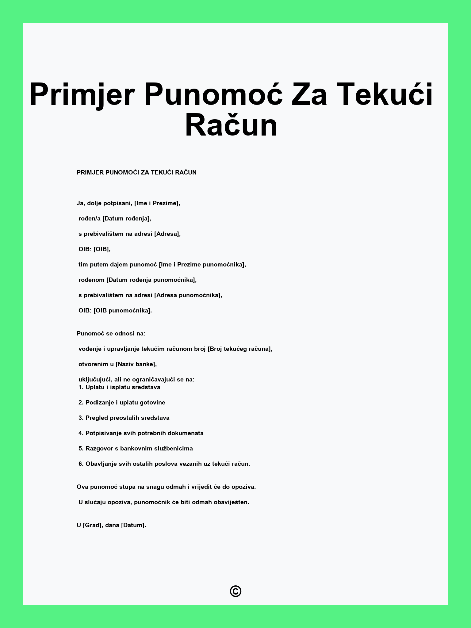 Primjer Punomoć Za Tekući Račun